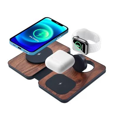 China Foldable Stand Wood Wireless Charger 3-in-1 15W Multi-Function QC3.0 PD Type-C Port Mobile Phones Fast Charging Dock for sale