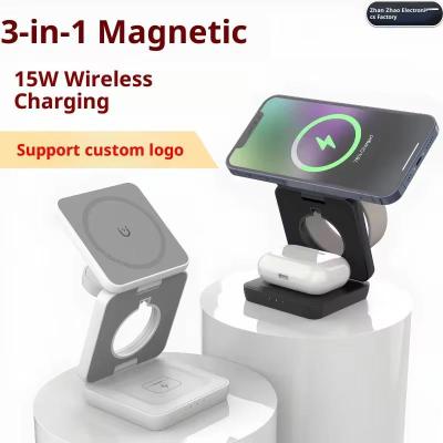 China 3-1 Folding Magnetic Wireless Charger 15w Fold Fast Charging Stand Mobile Phone Support Portable Foldable Wireless Charger for sale