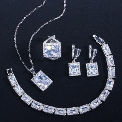 China White Gold Color Luxury Bridal CZ Crystal Necklace and Earring Sets Big Wedding Jewelry Sets For Brides for sale