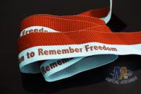 China Custom Stripe Red Light Blue Ribbon with Red Letter Printing Medal Ribbon 100pcs Polyester for sale