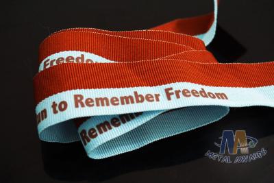 China Custom Stripe Red Light Blue Ribbon with Red Letter Printing Medal Ribbon 100pcs Polyester for sale