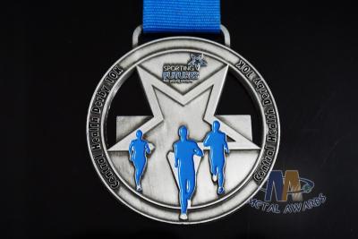 China Custom 2D Silver Running Race Medals 50mm Zinc Alloy Die Casting with Blue Enamel for sale