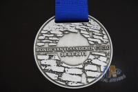 China Custom Sports Marathon Die Cast Medals 60mm Zinc Alloy Antique Silver with Blue Ribbon for sale