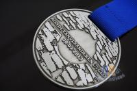 China Custom Sports Marathon Die Cast Medals 60mm Zinc Alloy Antique Silver with Blue Ribbon for sale