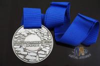 China Custom Sports Marathon Die Cast Medals 60mm Zinc Alloy Antique Silver with Blue Ribbon for sale