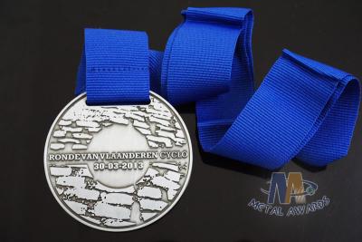 China Custom Sports Marathon Die Cast Medals 60mm Zinc Alloy Antique Silver with Blue Ribbon for sale