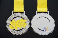 China Custom Cut Out Design Glitter Color Metal Award Medals 65mm Gold Plating with Printing Ribbon for sale