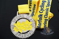 China Custom Cut Out Design Glitter Color Metal Award Medals 65mm Gold Plating with Printing Ribbon for sale