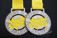 China Custom Cut Out Design Glitter Color Metal Award Medals 65mm Gold Plating with Printing Ribbon for sale