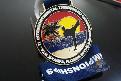China Custom Taekwondo Round Race Medals 100mm Gold Plating Sandblast Effect for sale