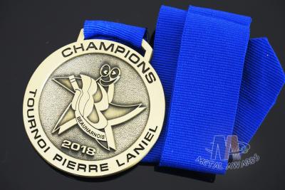China Blue Ribbon Metal Award Medals Zinc Alloy 50mm Antique Gold Plating Custom Sports for sale