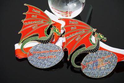 China Custom Soft Enamel Glitter Dragon Medals with Red White Ribbon 50mm for sale