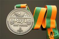 China Custom Dragon Engraved Medals Antique Silver Plated 60mm with Woven Ribbon for sale