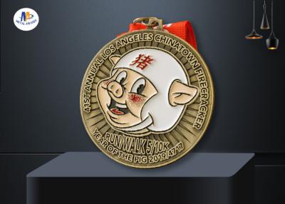 China 5K Running Race Medal with Pig Relief Antique Gold Plating 76.2mm Both Side Design for sale