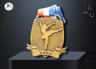 China Custom Antique Finish Sports Medals 70mm 3D Effect Dancing Girl Design Woven Ribbon for sale