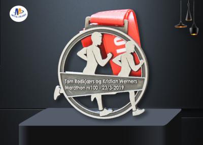 China Custom Die Cast Marathon Medals 80mm Zinc Alloy Antique Silver Plating with Heat Transfer Ribbon for sale