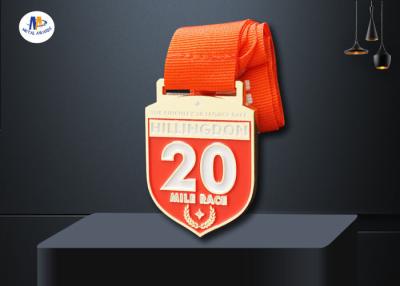China Custom Peltate Shape Running Race Medals Shiny Gold Plating 56mm One Color Printed Ribbon for sale