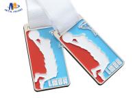 China Custom Rectangle Engraved Medals Shiny Silver Finish 60x3mm Metal with White Woven Backside Sandblast for sale