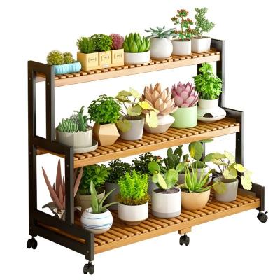 China Bamboo Flower Pot Stand Rack Holder Indoor and Outdoor Storage Organizer with Rolling Wheels Display Ladder for Plants for sale