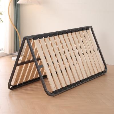 China Modern Design Folding Guest Bed Portable Thick Solid Wood Panel Tatami with Iron Pipe Frame Space-Saving for Small Rooms for sale