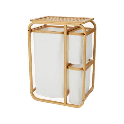 China Double Bamboo Laundry Hamper with 3 Separate Storage for Towels and Clothes 3-Tiered Shelf in Bathroom Room for sale