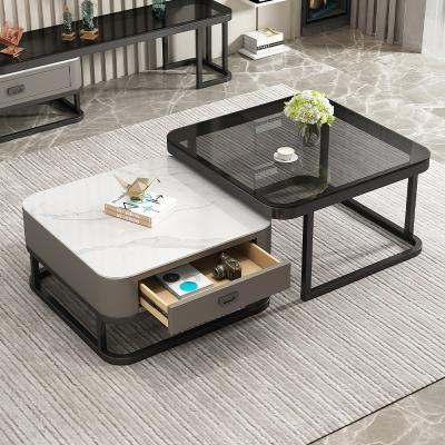 China Living Room Center Table Coffee Tables Combination Metal Glass CoffeeTable Storage Furniture with Drawer for sale