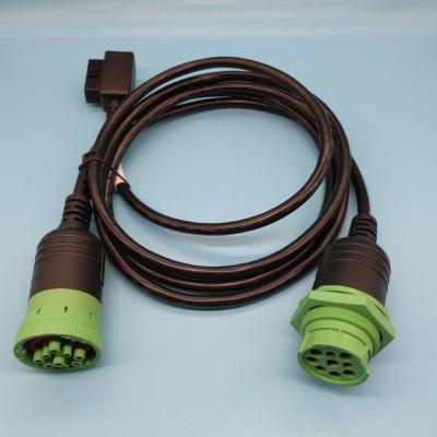China Green Deutsch 9 Pin Female to Right Angle OBD2 Female and Threaded J1939 Jamnut Male Splitter Y Cable 20AWG for sale