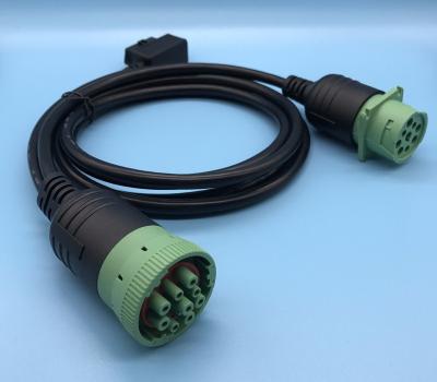 China Green Deutsch 9-Pin J1939 Female to Right Angle OBD2 Female and J1939 Male Splitter Y Cable 20AWG for sale