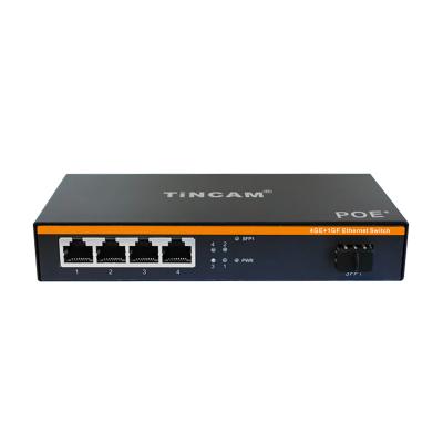 China TiNCAM Factory OEM Gigabit 4-Port PoE+ Fiber Switch with SFP Port Power Supply 65W 1000Mbps Ethernet to Fiber for IP Cameras WiFi APs & CCTV Networks – TBC-PS5104E-1SFP for sale