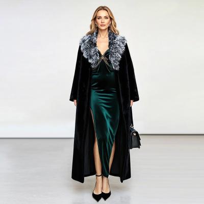 China Euro American Faux Fur Coat Eco Friendly Fox Fur Collar Long Black Fur Coat for sale