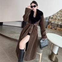 China Elegant Plus Size  Long Faux Fur Coat Dark Brown  Faux Ladies Coats V Neck for sale