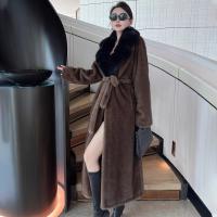 China Elegant Plus Size  Long Faux Fur Coat Dark Brown  Faux Ladies Coats V Neck for sale
