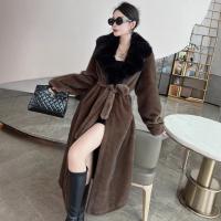 China Elegant Plus Size  Long Faux Fur Coat Dark Brown  Faux Ladies Coats V Neck for sale