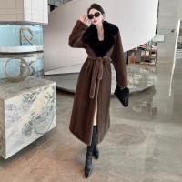 China Elegant Plus Size  Long Faux Fur Coat Dark Brown  Faux Ladies Coats V Neck for sale
