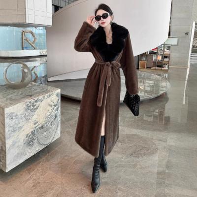 China Elegant Plus Size  Long Faux Fur Coat Dark Brown  Faux Ladies Coats V Neck for sale