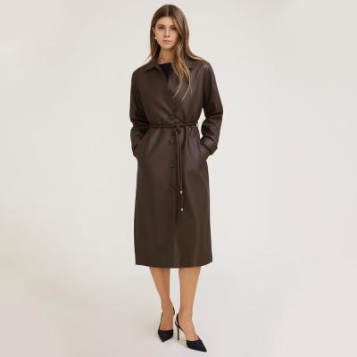 China Soft Polyester Faux Leather Coat Womens Relaxed Brown Faux Leather Jacket XXS for sale