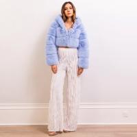 China Baby Blue Faux Fur Cropped Hooded Jacket for sale