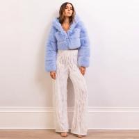 China Baby Blue Faux Fur Cropped Hooded Jacket for sale