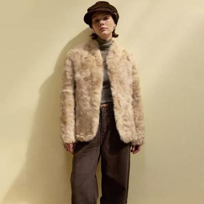 China Lightweight V-neck Customizable Persian Lamb Faux Fur Jacket for Women's Quiet Luxury Outerwear for sale