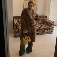 China Contrasting Color Persian Lamb Style Faux Fur Coat with 115cm Length for Women for sale