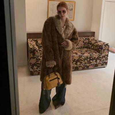 China Contrasting Color Persian Lamb Style Faux Fur Coat with 115cm Length for Women for sale