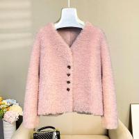 China V Neck Short Faux Sheep Fur Jacket for sale