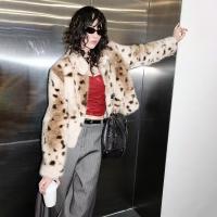 China Retro Faux Leopard Fur Long Sleeved Stand Up Collar Short Jacket for sale