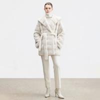 China Fashionable Hooded Faux Mink Fur Waist Belt Mid Length Coat for sale