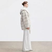 China Fashionable Hooded Faux Mink Fur Waist Belt Mid Length Coat for sale