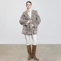 China Fashionable Hooded Faux Mink Fur Waist Belt Mid Length Coat for sale