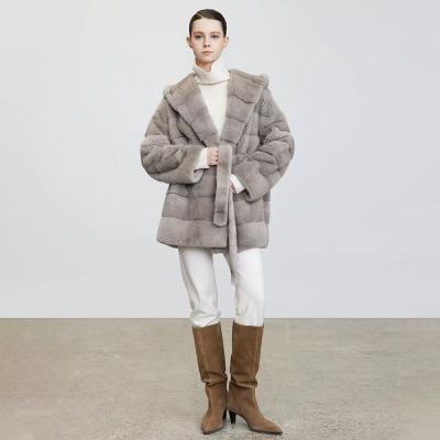 China Fashionable Hooded Faux Mink Fur Waist Belt Mid Length Coat for sale