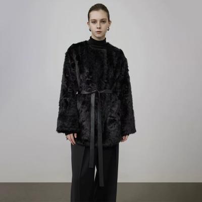 China Simple Elegant Faux Persian Lamb Fur Combined One Piece Mid Length Belt Coat for sale