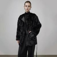 China Simple Elegant Faux Persian Lamb Fur Combined One Piece Mid Length Belt Coat for sale