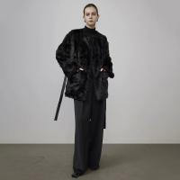 China Simple Elegant Faux Persian Lamb Fur Combined One Piece Mid Length Belt Coat for sale